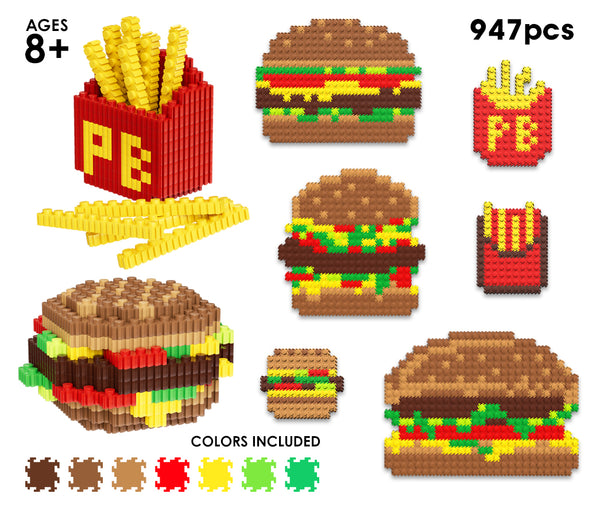 2D & 3D Pixel Hamburger & Fries: Pix Brix Food Set